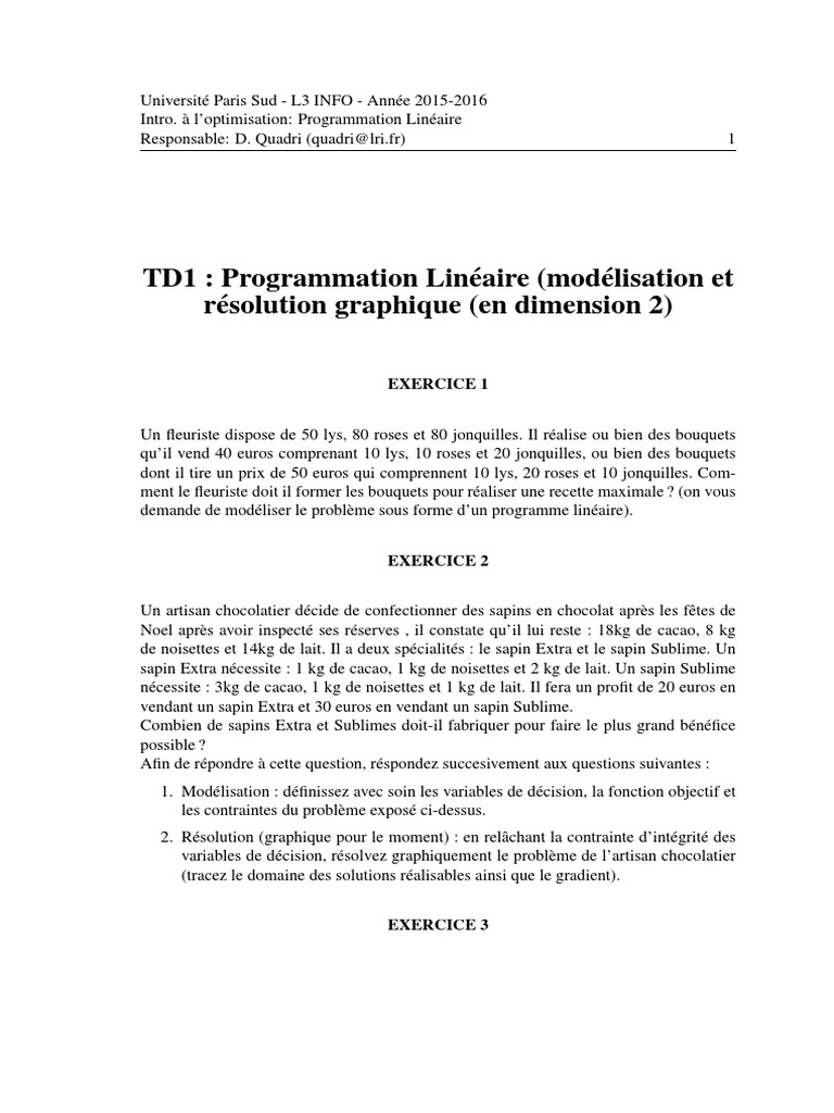 TD1: Programmation Linéaire (Modélisation Et Résolution Graphique (En Dimension 2) | PDF ...
