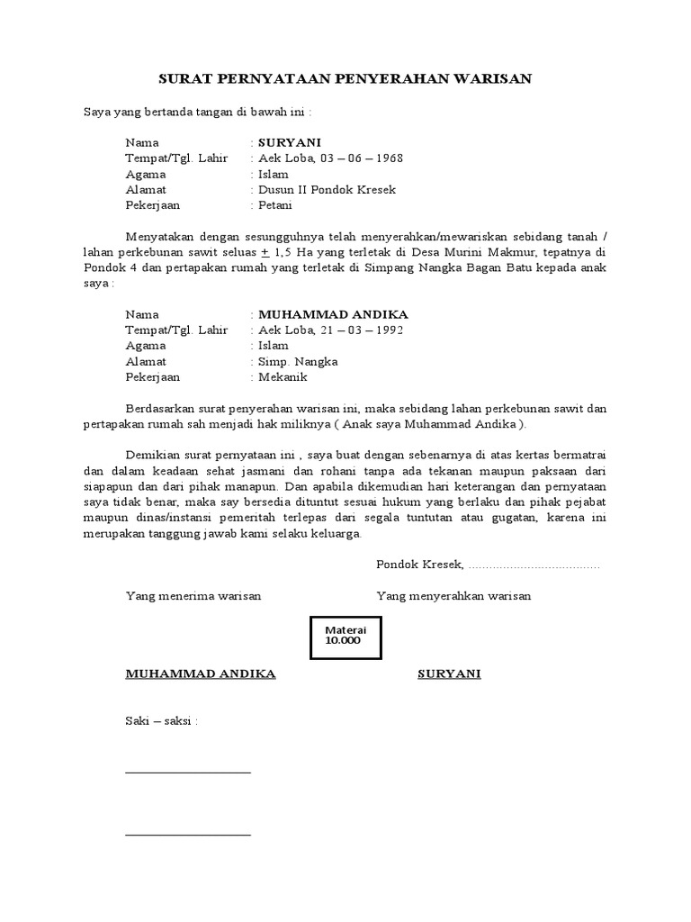 Surat Pernyataan Penyerahan Warisan | PDF