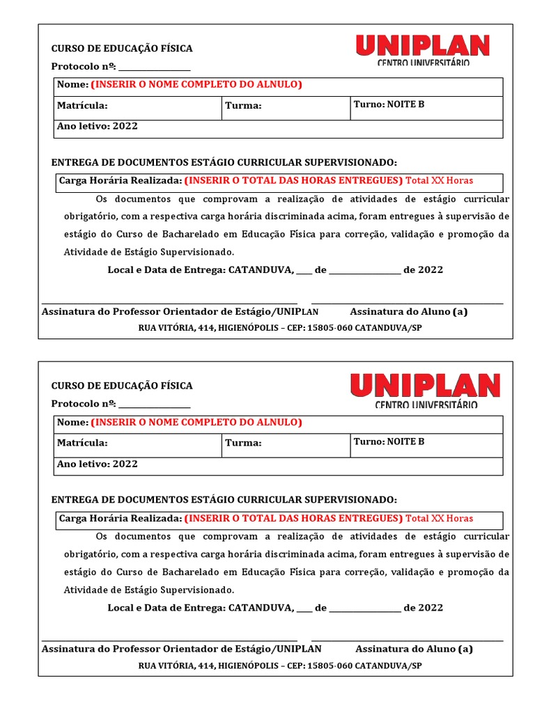 Protocolo Entrega Doc. Estagio Ed. Fisica - Uniplan | PDF