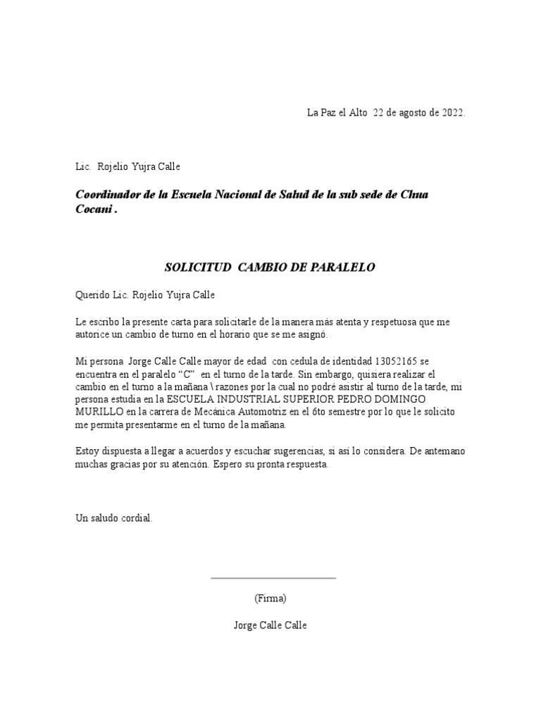Ejemplo de Carta de Solicitud de Cambio de Turno | PDF