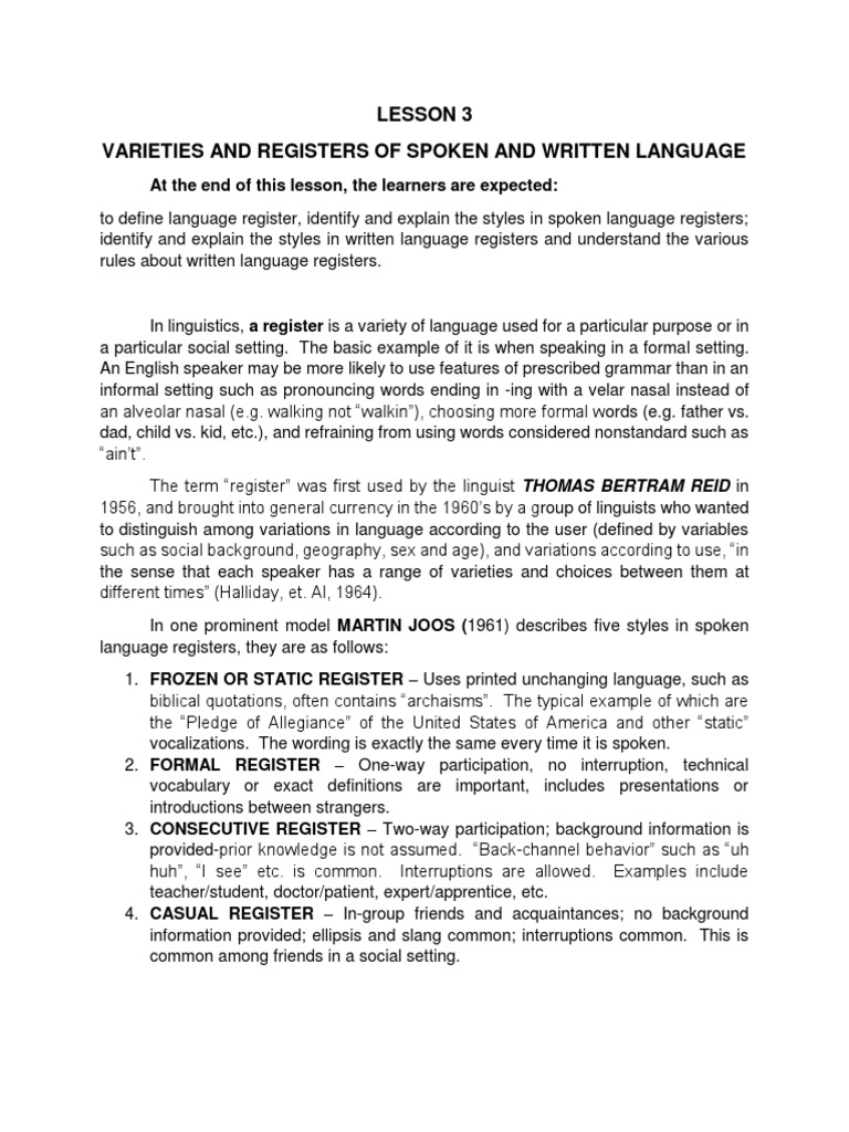 Lesson 3 Varieties and Registers | PDF | Human Communication ...