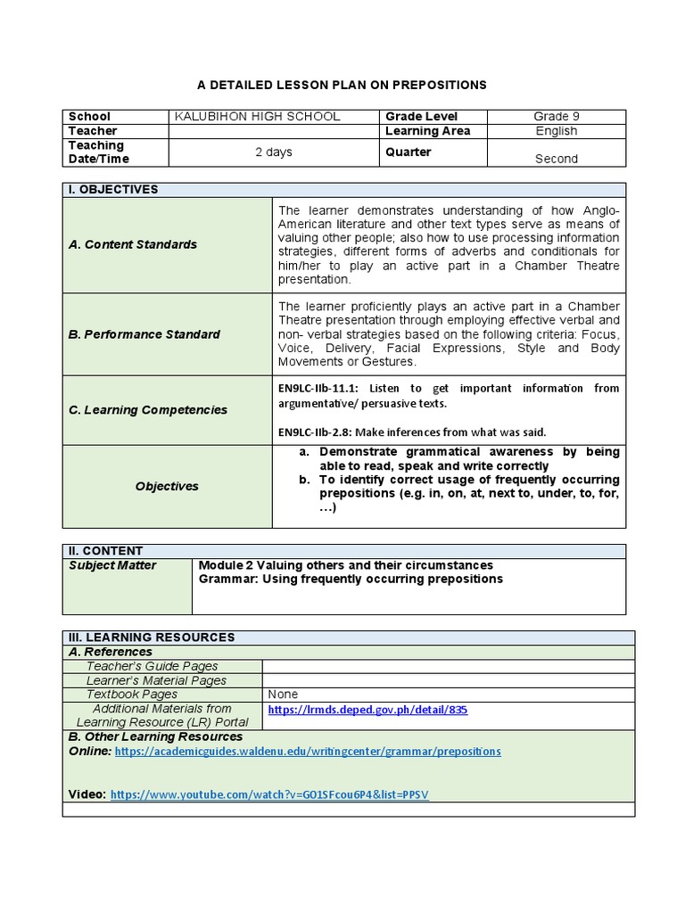 A Detailed Lesson Plan On Prepositions | PDF | Learning | Lesson Plan