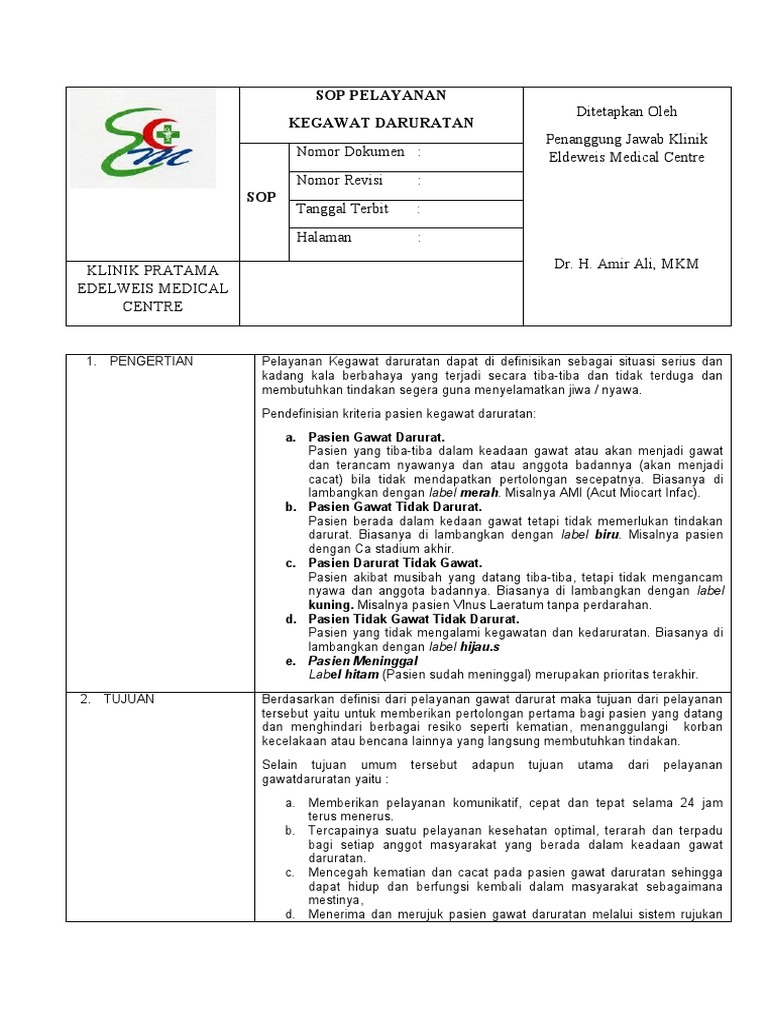 SOP Pelayanan Kegawatdaruratan Klinik | PDF