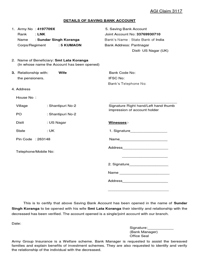 AGI Claim 3117: Joint Bank Account Details | PDF | Economies | Service ...