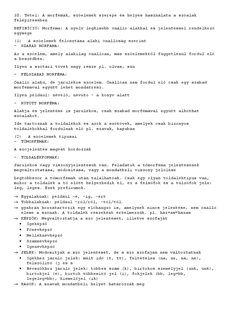 A Morfémák, Szóelemek Szerepe És Helyes Használata A Szóalak Felépítésében | PDF