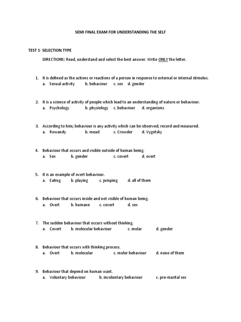 Semi Final Exam For Understanding The Self | PDF