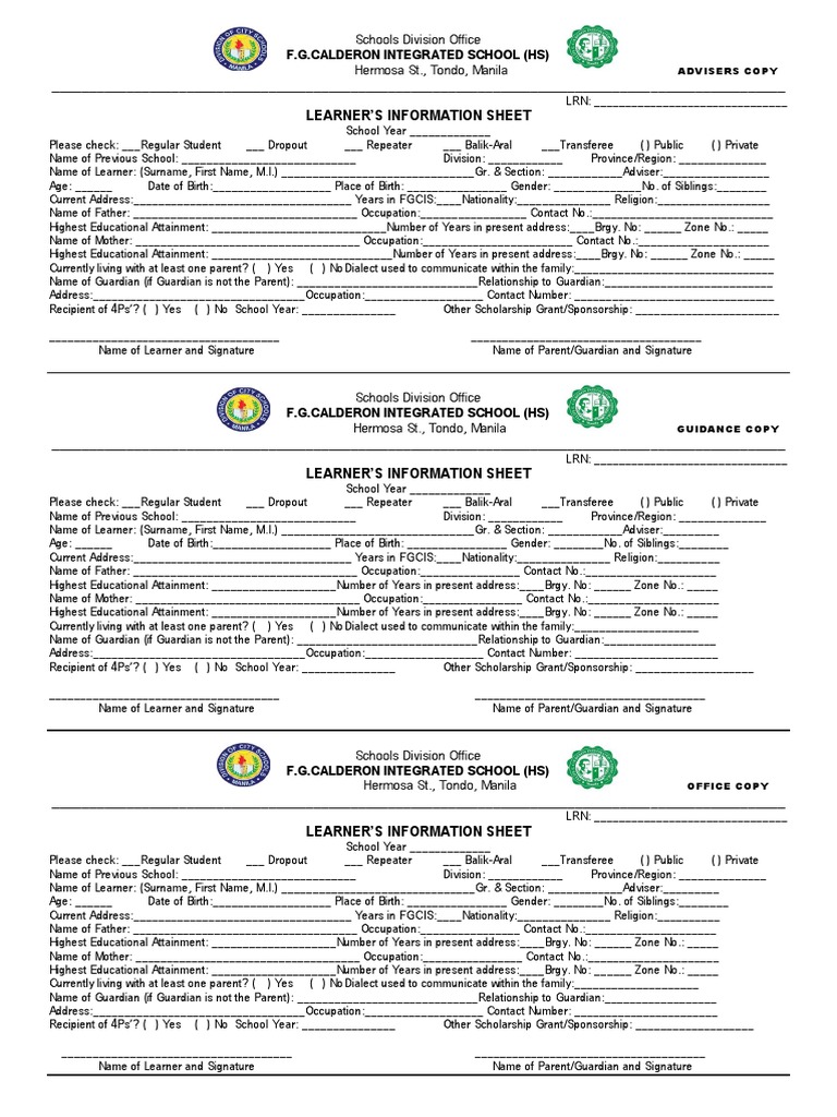 Lis Gr. 7 Learners Information Sheet 1 | PDF | Parent | Life Skills