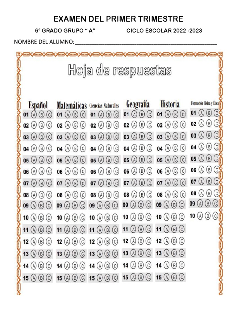 Hoja de Respuestas Examen Del 1° Trim. | PDF
