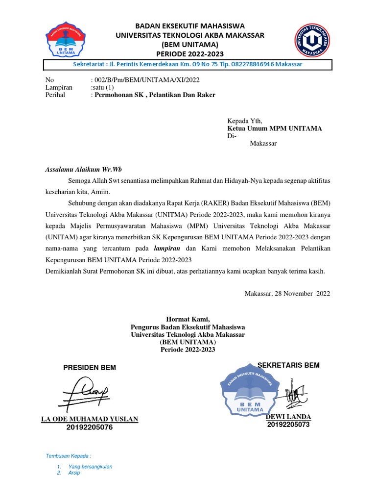 SU-002 Permohonan SK BEM UNITAMA 22-23 | PDF