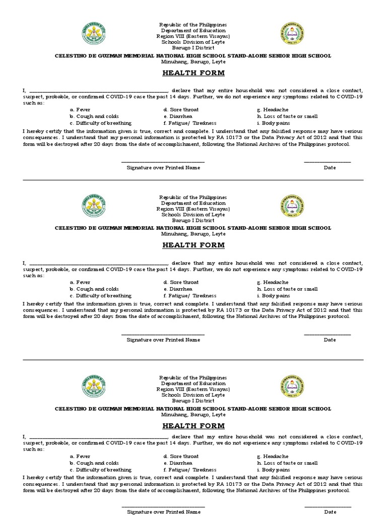 Health Form | PDF | Common Cold | Diseases And Disorders