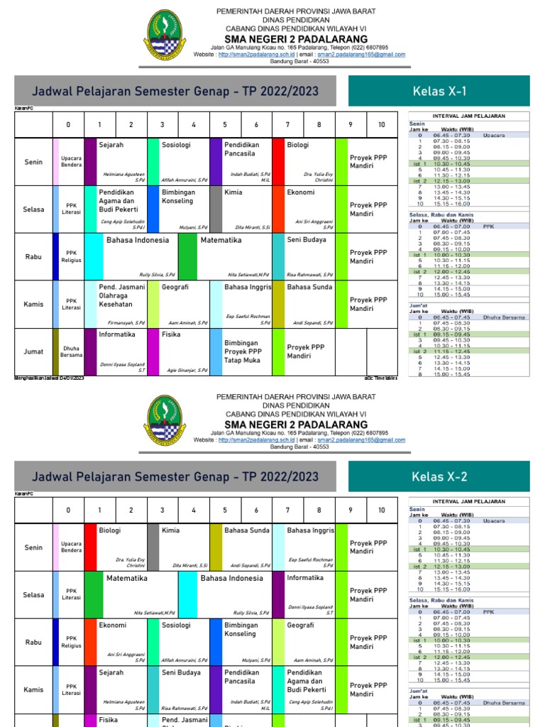 Jadwal Pelajaran Kelas Semester Genap 2022 | PDF