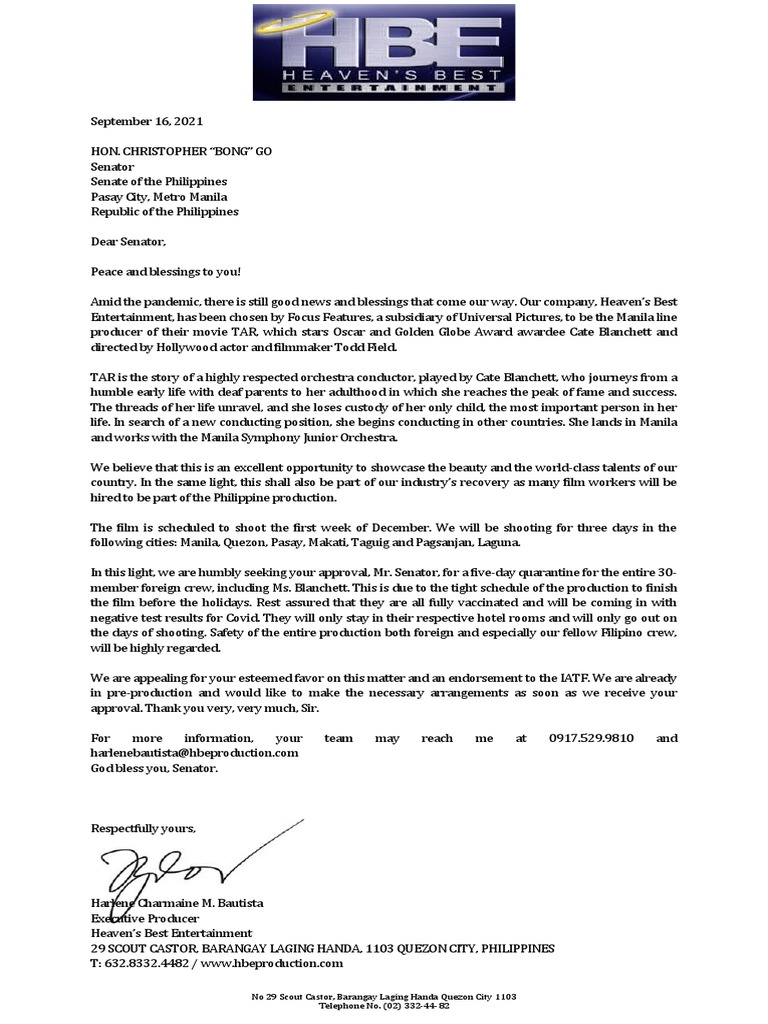 Letter For Sen. Bong Go From HBE | PDF | Philippines