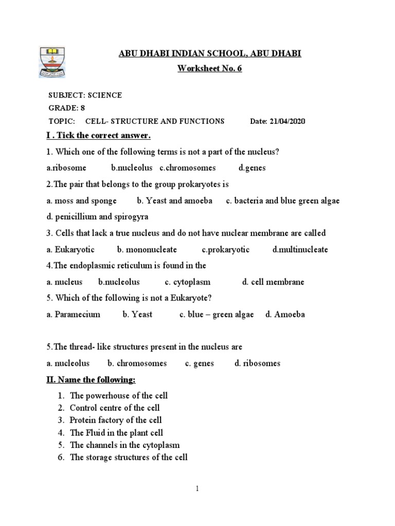 Grade 8 Cell Structure Functions H A 6 2020 21 Pdf