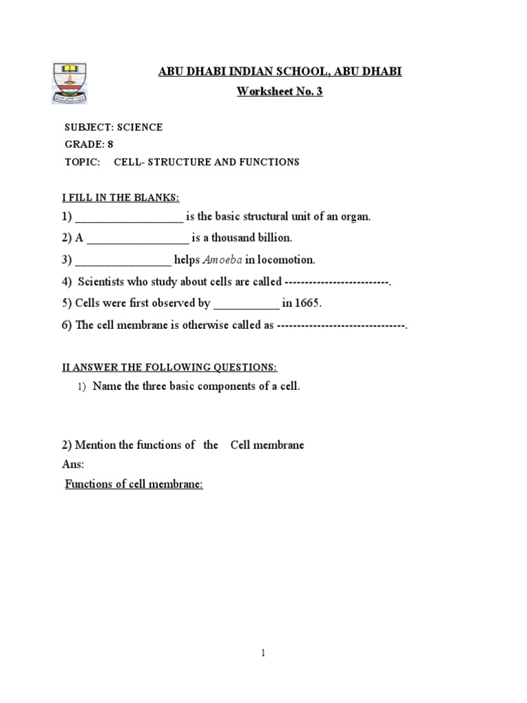 Cell - Worksheet, 2020-21 | PDF