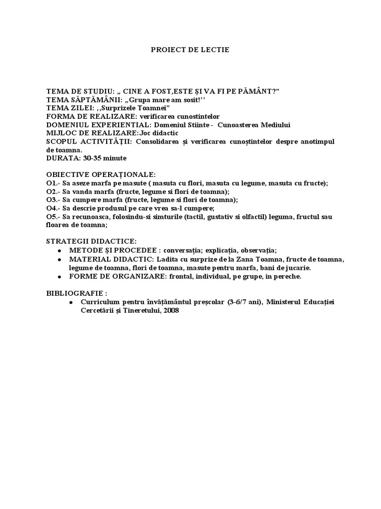 Proiect de Activitate Cunoasterea Mediului Model | PDF