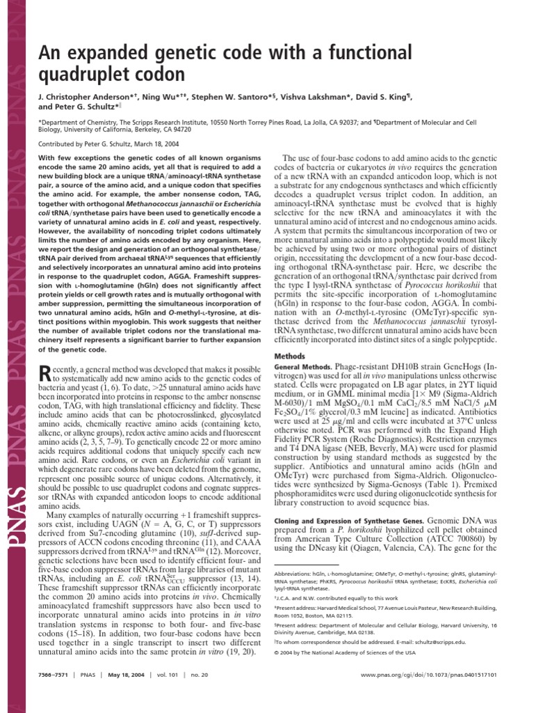 An Expanded Genetic Code With A Functional Quadruplet Codon | PDF ...