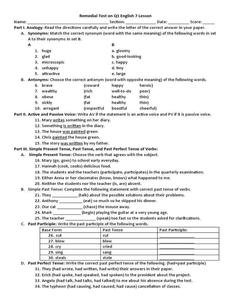 Remedial Test On Q1 English 7 Lesson | PDF | Grammatical Tense ...