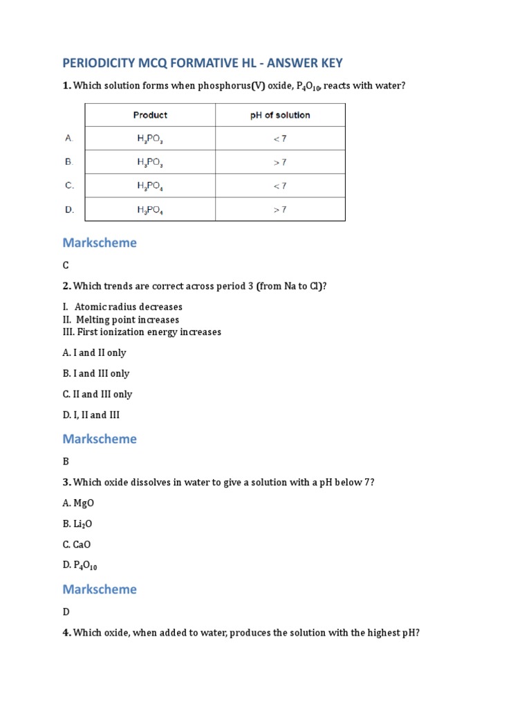 Answer Key - Periodicity Formative HL 2 | PDF | Coordination Complex | Ion