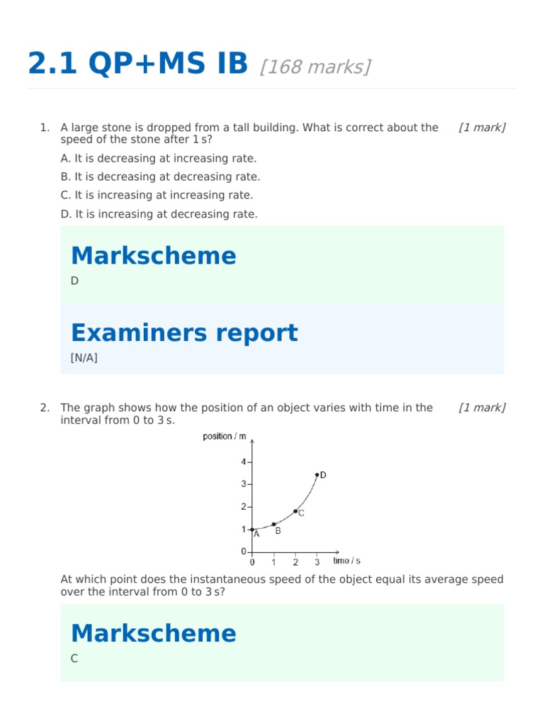 2.1 QP+MS IB: Markscheme Examiners Report | PDF | Force | Acceleration