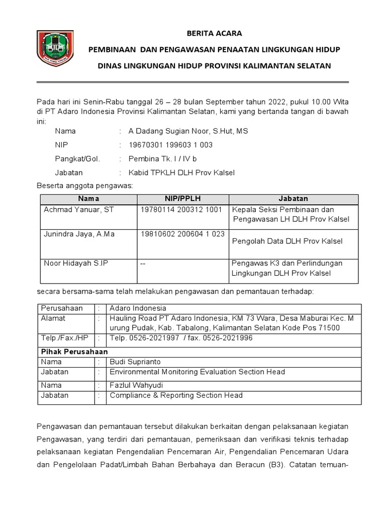 Bap PT Adaro Indo TGL 26-28 Sept 2022 - Rev | PDF