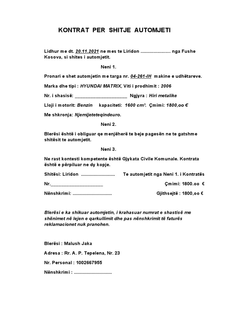 Kontrat Per Shitje Automjeti | PDF