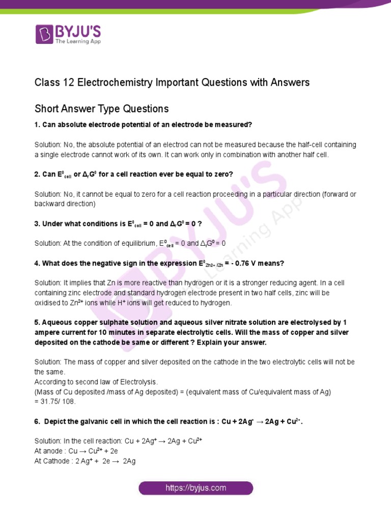 Class 12 Electrochemistry Q&A | PDF | Electrolyte | Redox