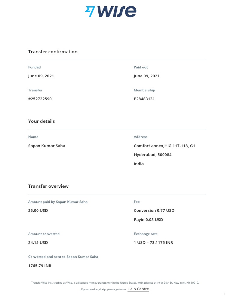 Wise Transaction Invoice 252722590 96637956 En PDF Banks Banking
