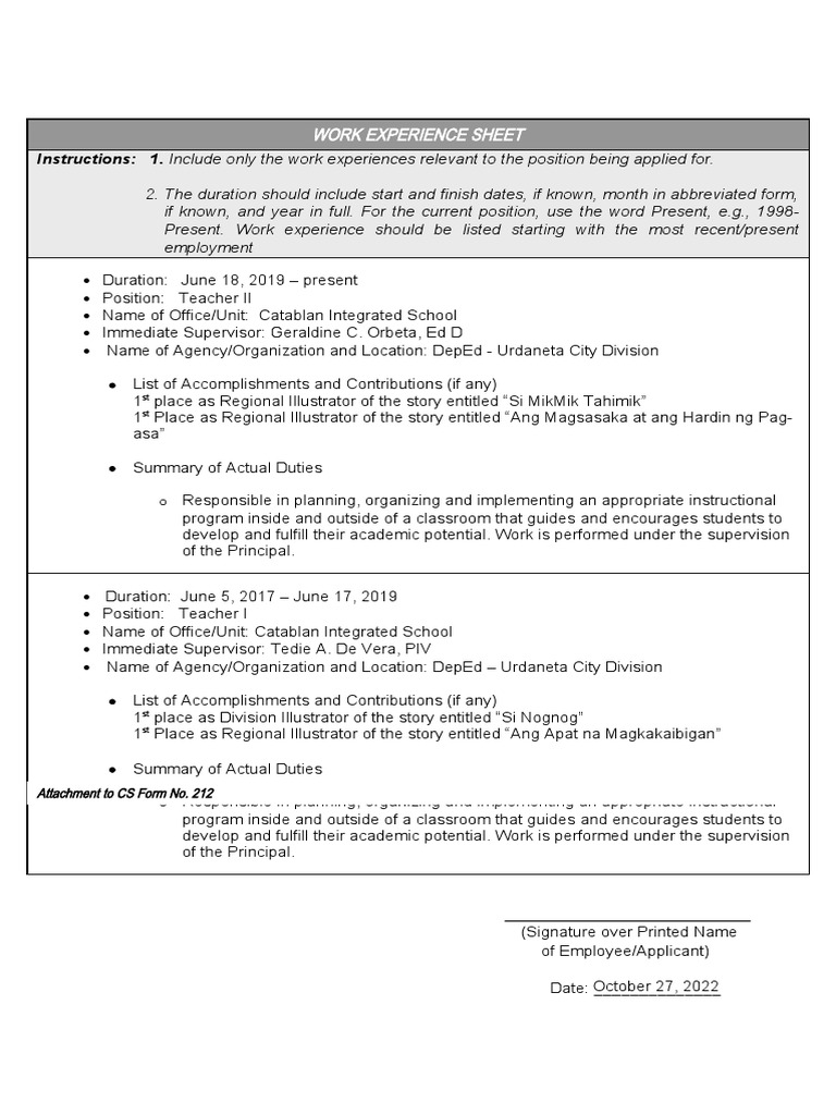 CS Form No. 212 Attachment - Work Experience Sheet | PDF | Pedagogy ...