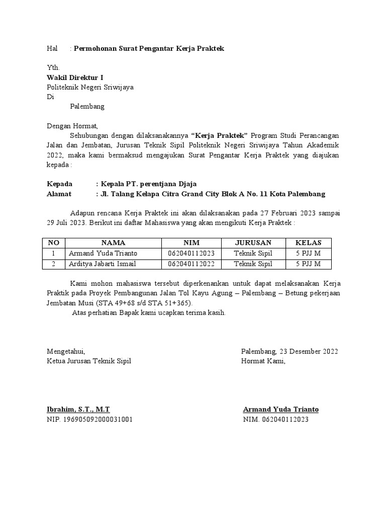 Fix Surat Pengantar Magang Kpa PD1 Manpel | PDF | Teknologi & Rekayasa