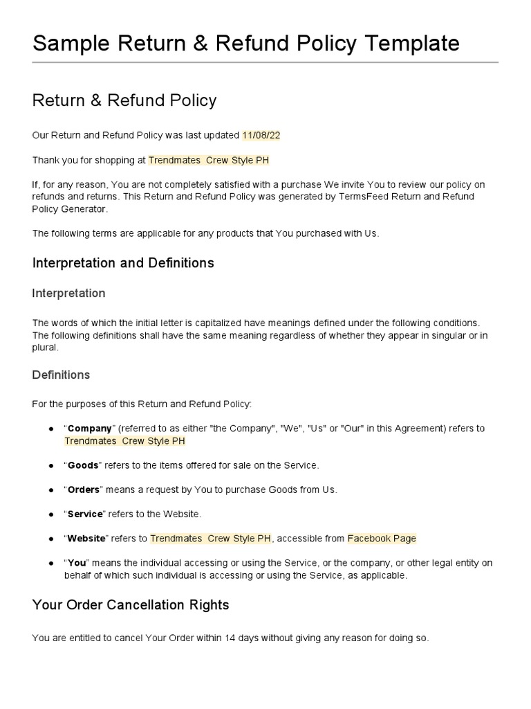 Sample Return Refund Policy Template | Download Free PDF | Justice ...