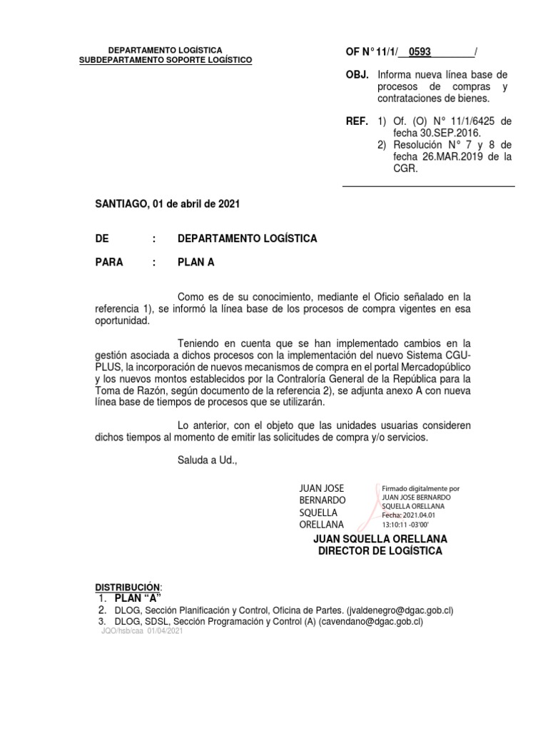 Oficio Informa Nueva Linea Base 2021 | PDF | Logística | Economias