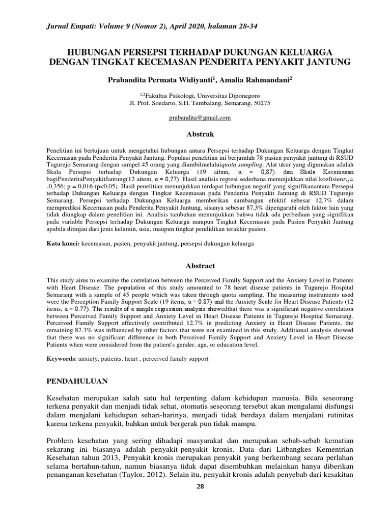 Hubungan Presepsi Terhadap Dukungan Keluarga Dengan Tingkat Kecemasan Penderita Penyakit Jantung ...