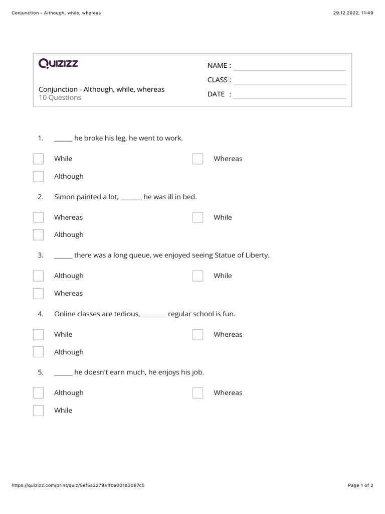 Conjunction - Although, While, Whereas | PDF