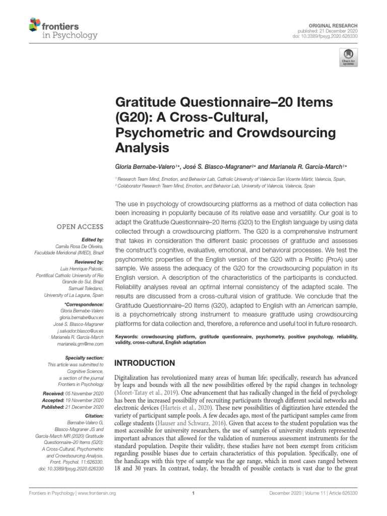 Gratitude Questionnaire-20 Items G20 A Cross-Cultu | PDF | Gratitude ...