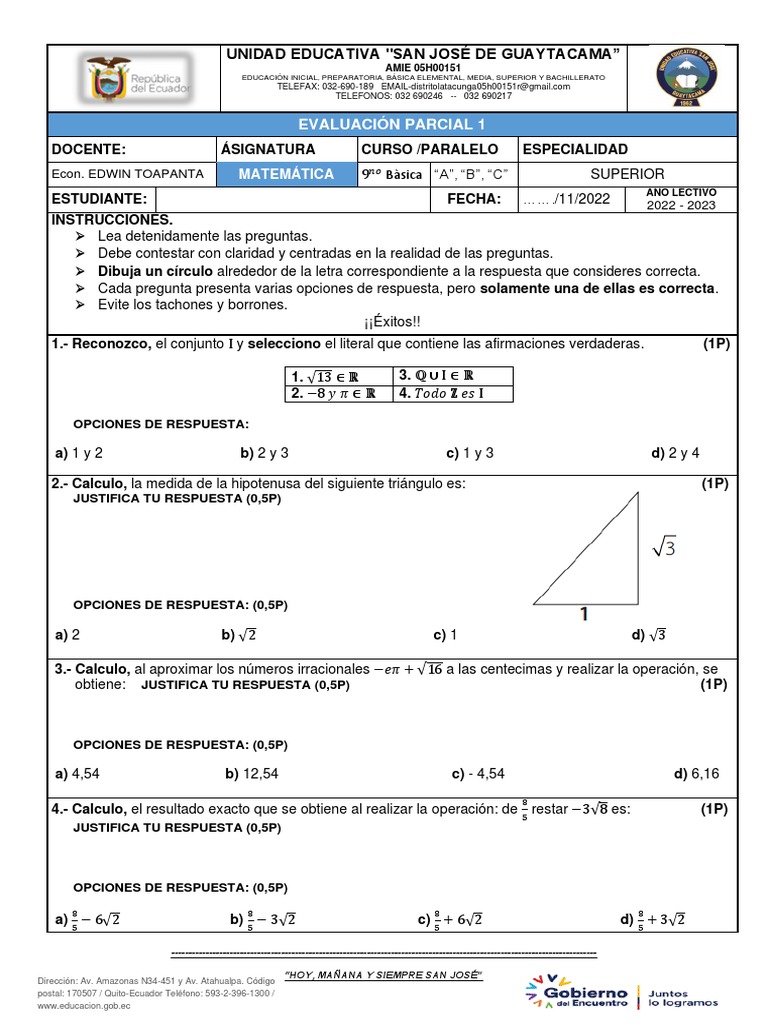 EVAL - 1P - Mate 9no. EGB | PDF | Matemática Elemental | Geometría