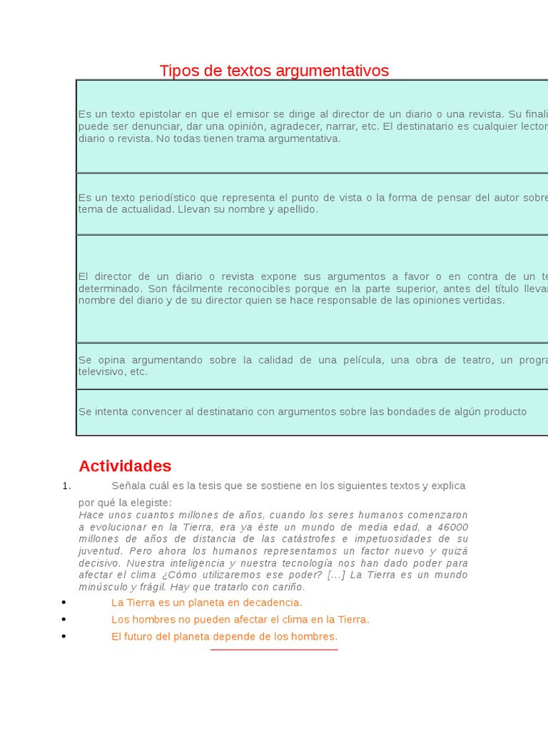 Tipos de Textos Argumentativos: Actividades | PDF