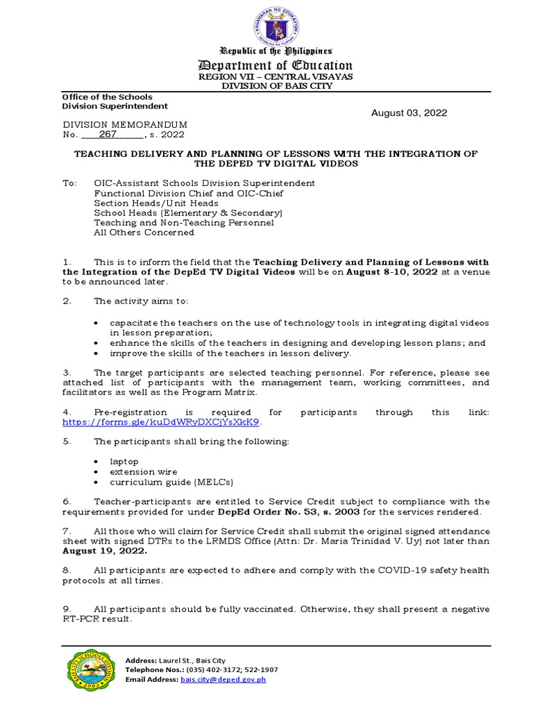 DM No. 267 S. 2022 Teaching Delivery and Planning of Lessons With The ...