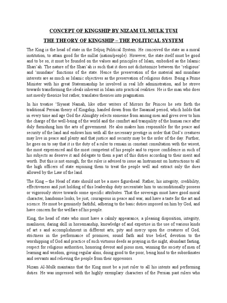 Concept of Kingship by Nizam Ul Mulk Tusi | PDF | Sharia | Caliphate