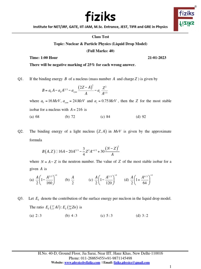 Liquid Drop Model Class Test | PDF | Atomic Nucleus | Nuclear Chemistry