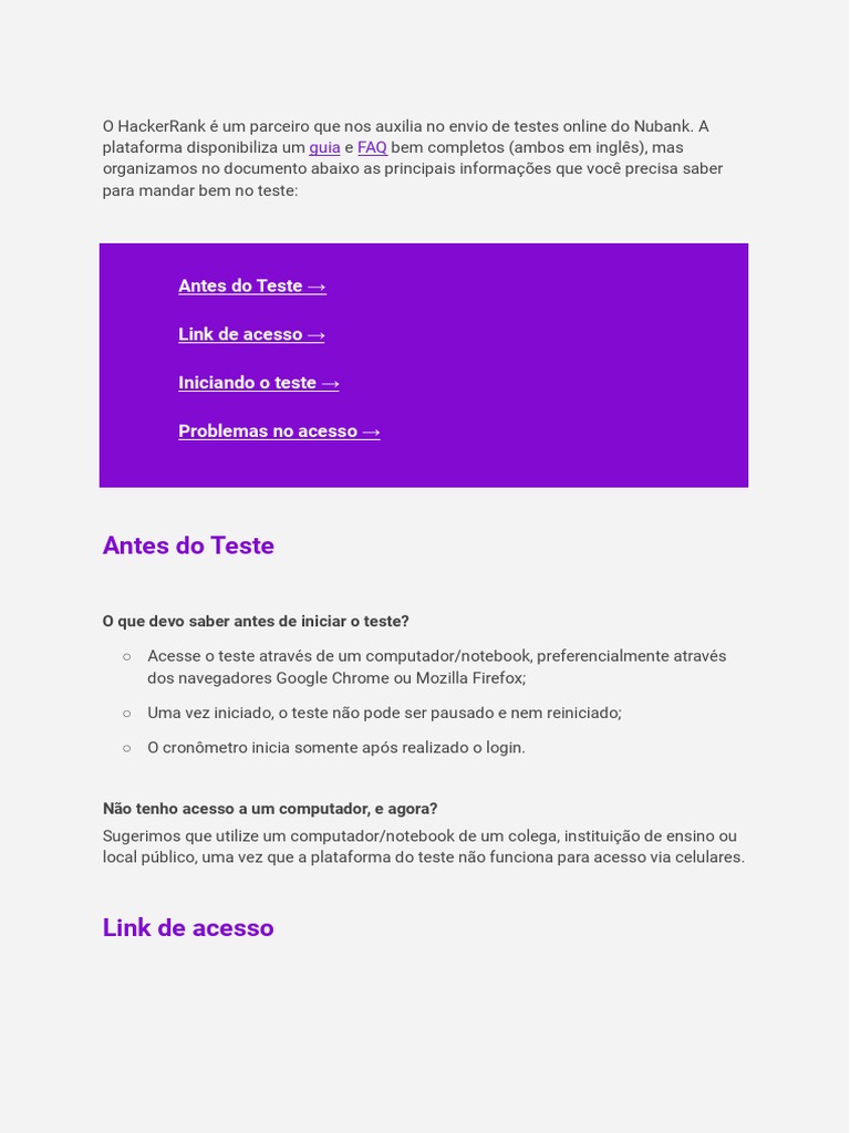 Programa de Estágio Do Nubank HackerRank - Guia de Acesso | PDF | Senha | Informática