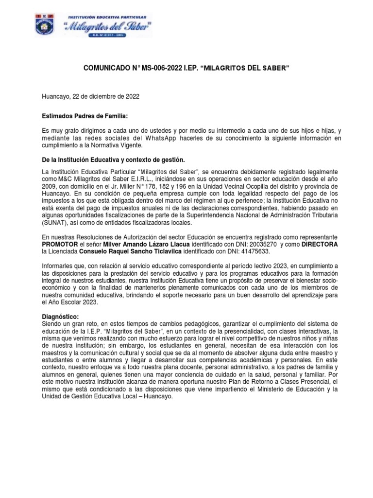 Comunicado #006-2022 - 23-12-2022 | PDF | Método de enseñanza | Maestros