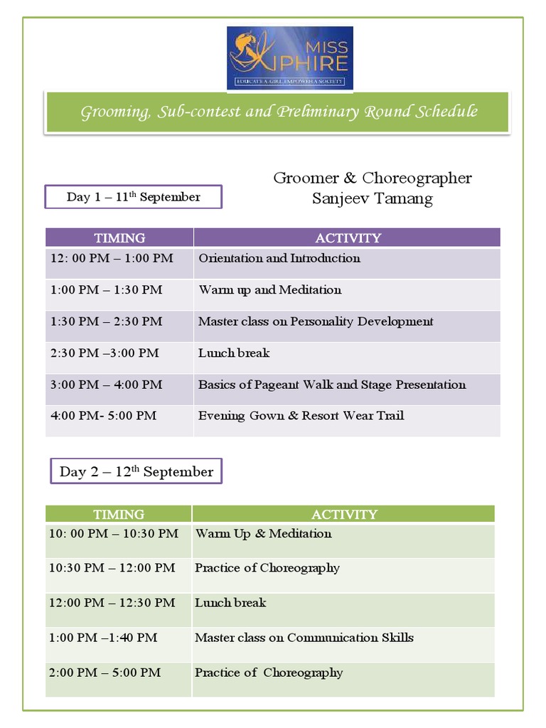 Grooming and Preliminary Schedule for Pageant Contestants | PDF ...