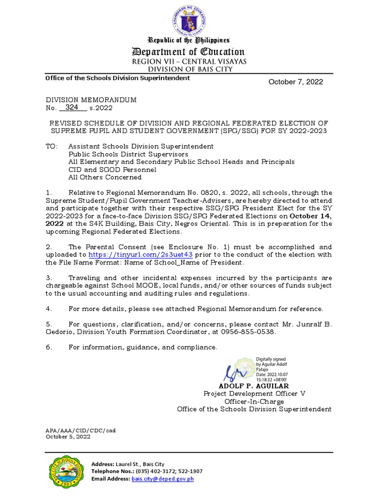 DM No. 324, S. 2022 - Revised Schedule of Division and Regional ...