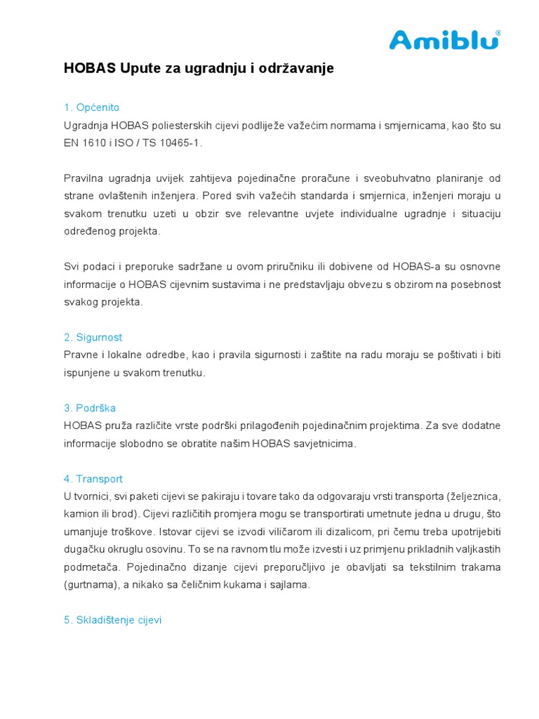 AMIBLU-HOBAS Upute Za Ugradnju I Održavanje | PDF
