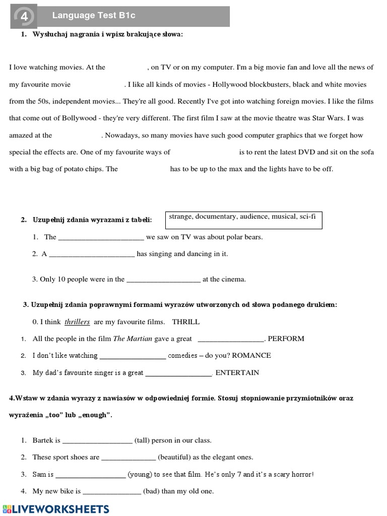 Sprawdzian z angielskiego klasa 7 Unit 4 | PDF