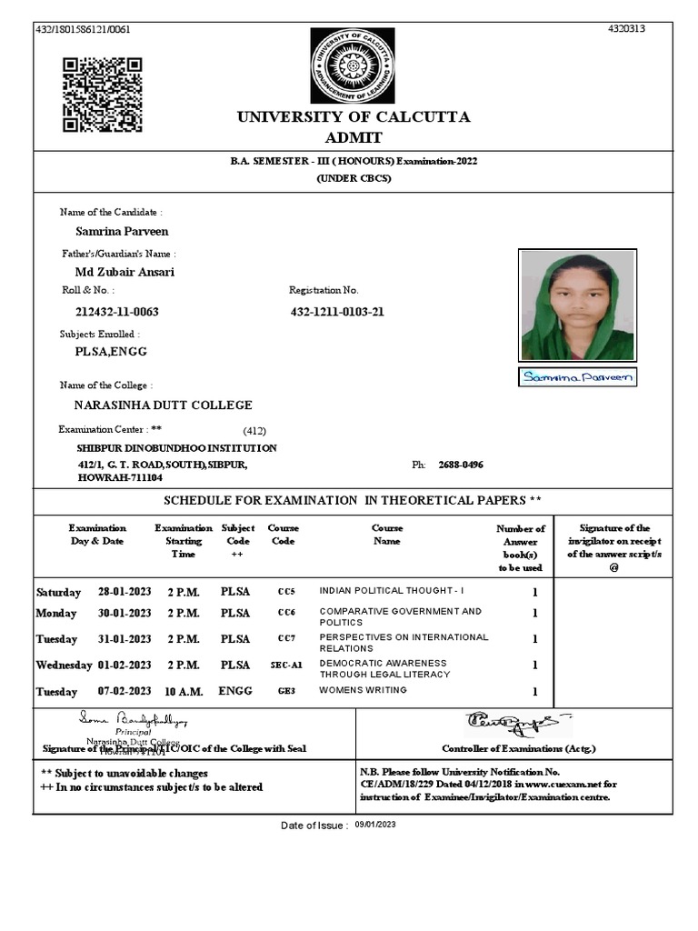 University of Calcutta Admit: Samrina Parveen | PDF