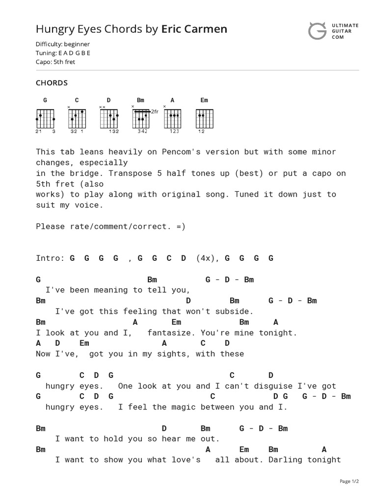 Hungry Eyes Chords (Ver 4) by Eric Carmentabs at Ultimate Guitar Archive | PDF | Irish Musical ...