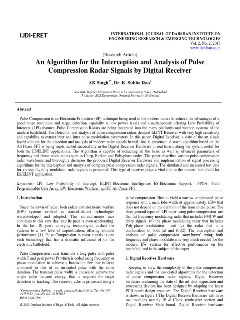 An Algorithm For The Interception and Analysis of Pulse Compression Radar Signals by Digital ...