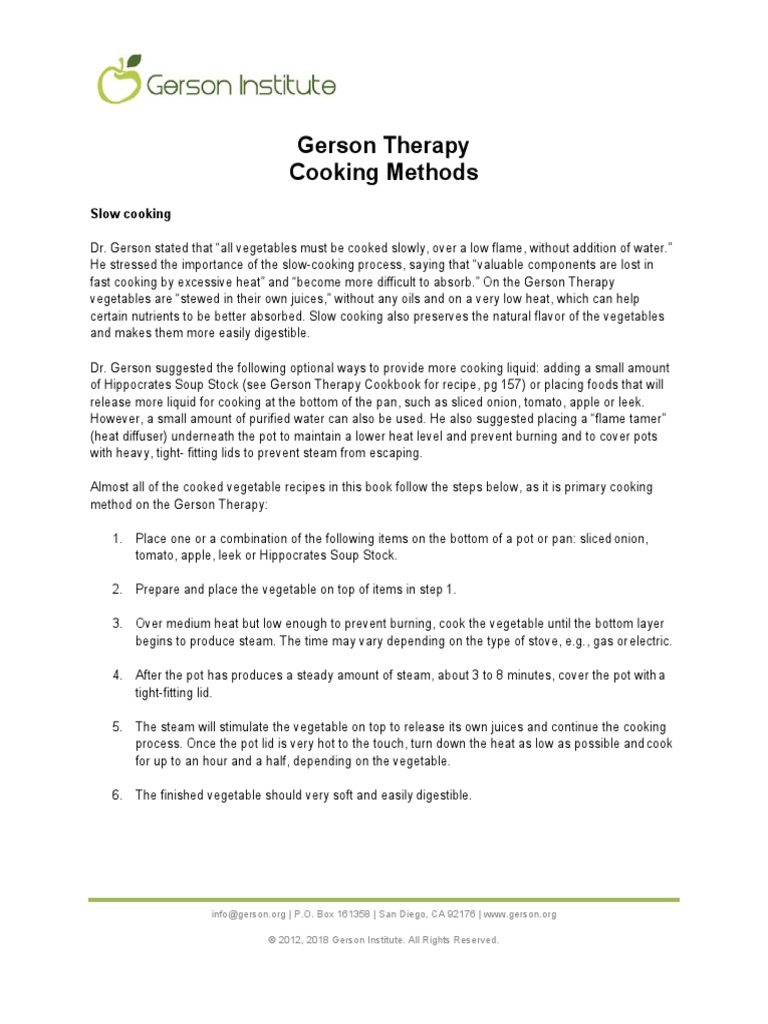 Cooking For The Gerson Therapy | PDF | Slow Cooker | Cooking