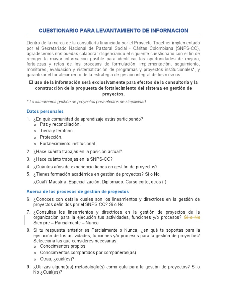 Cuestionario de Levantamiento de Informacion | PDF | Gestión de proyectos | Cuestionario